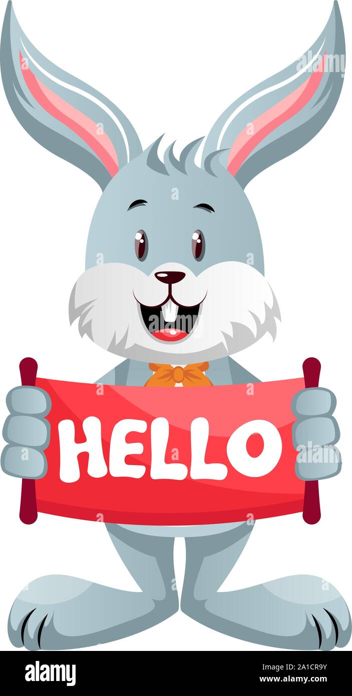 Bunny with hello sign, illustration, vector on white background Stock ...