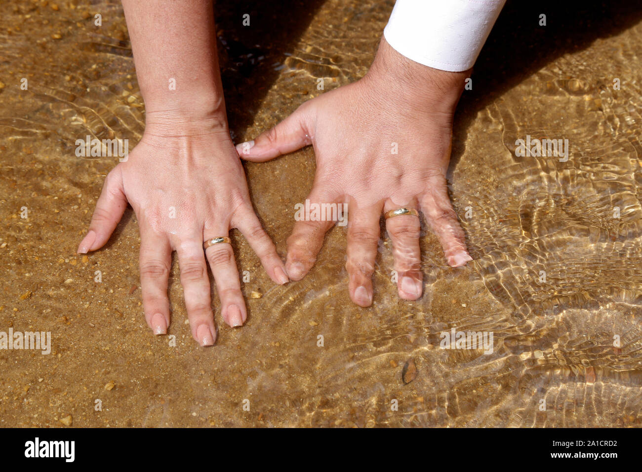 Grooms hands joined using wedding rings - golden wedding rings Stock ...