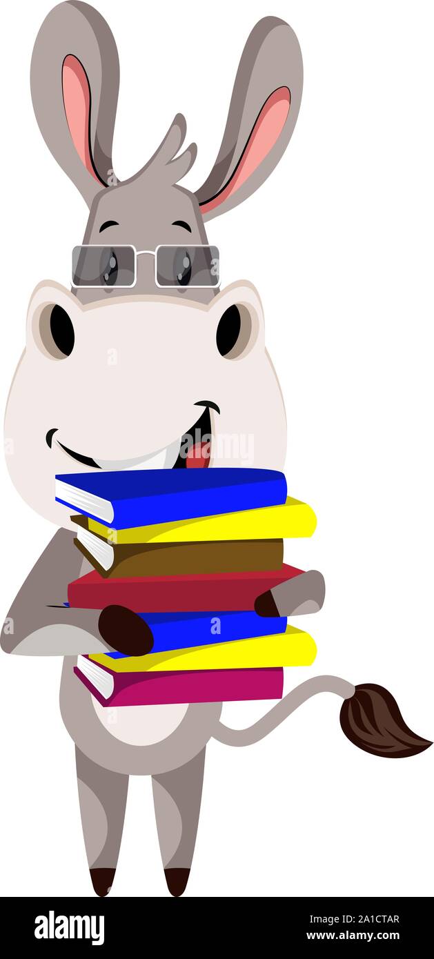 Donkey with books, illustration, vector on white background Stock ...