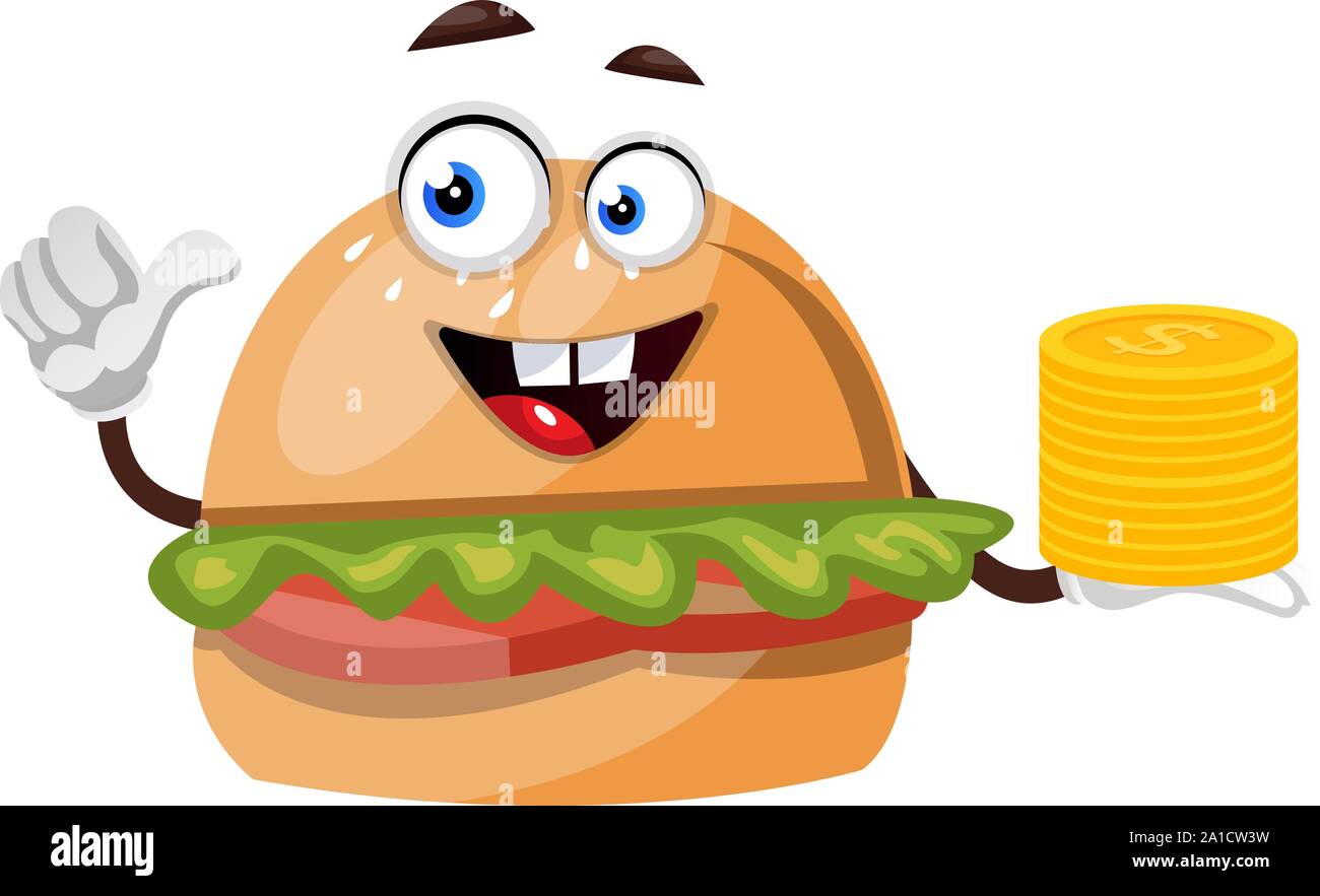 Burger with coins, illustration, vector on white background Stock ...