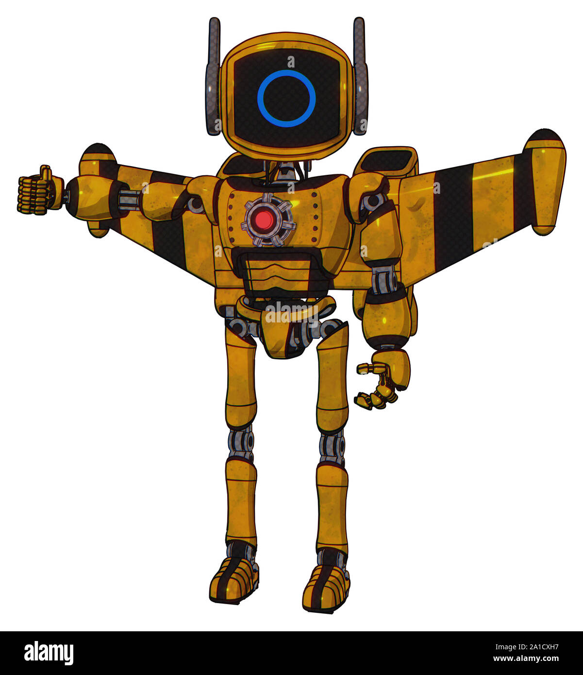 Mech containing elements: digital display head, circle face, winglets ...