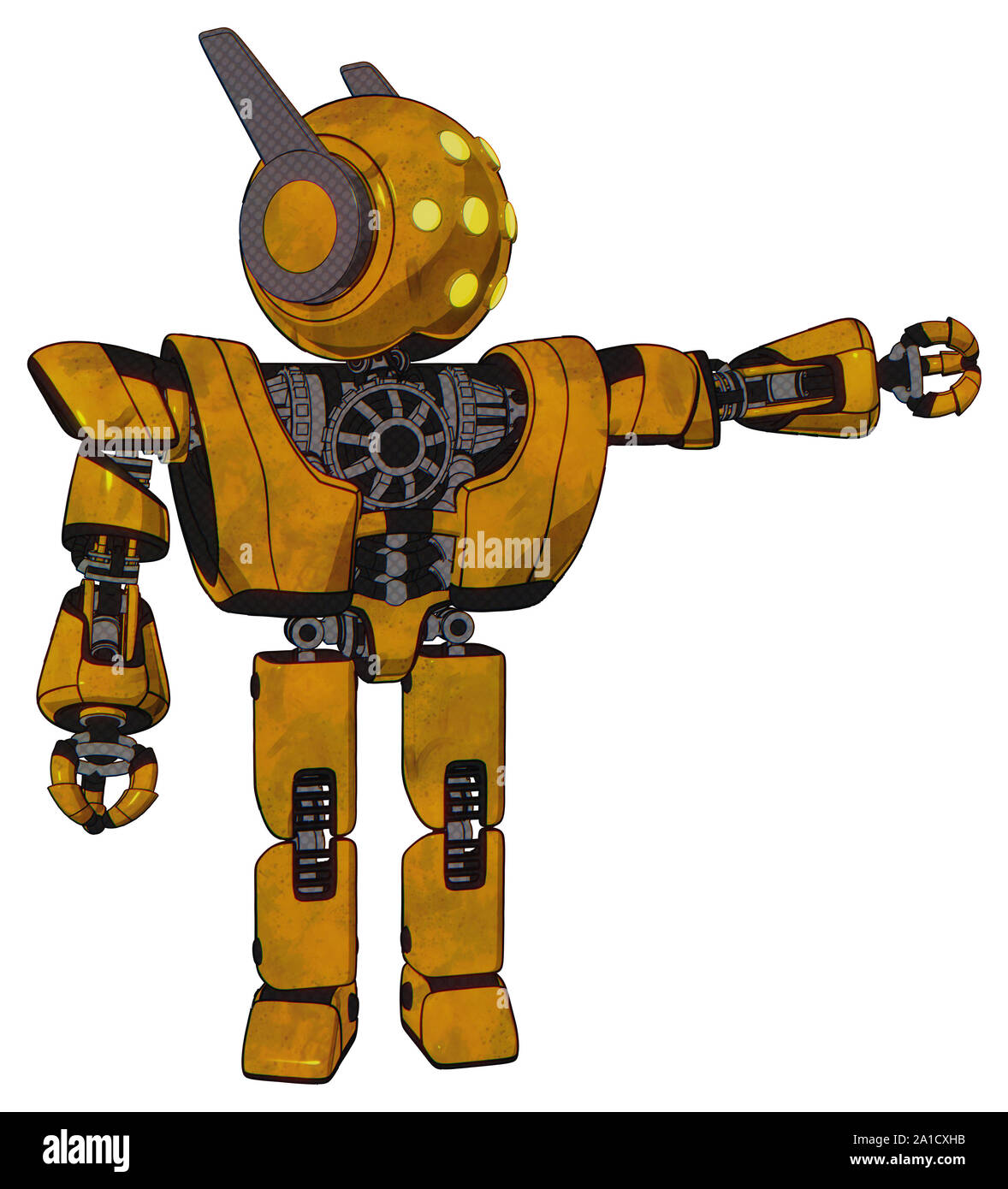 Robot containing elements: round head, yellow eyes array, head winglets ...