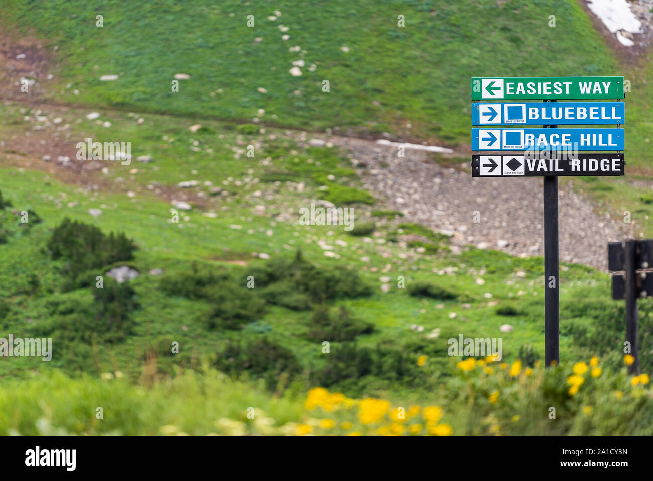 Albion Basin, Utah summer with ski or hiking trail signs for way ...