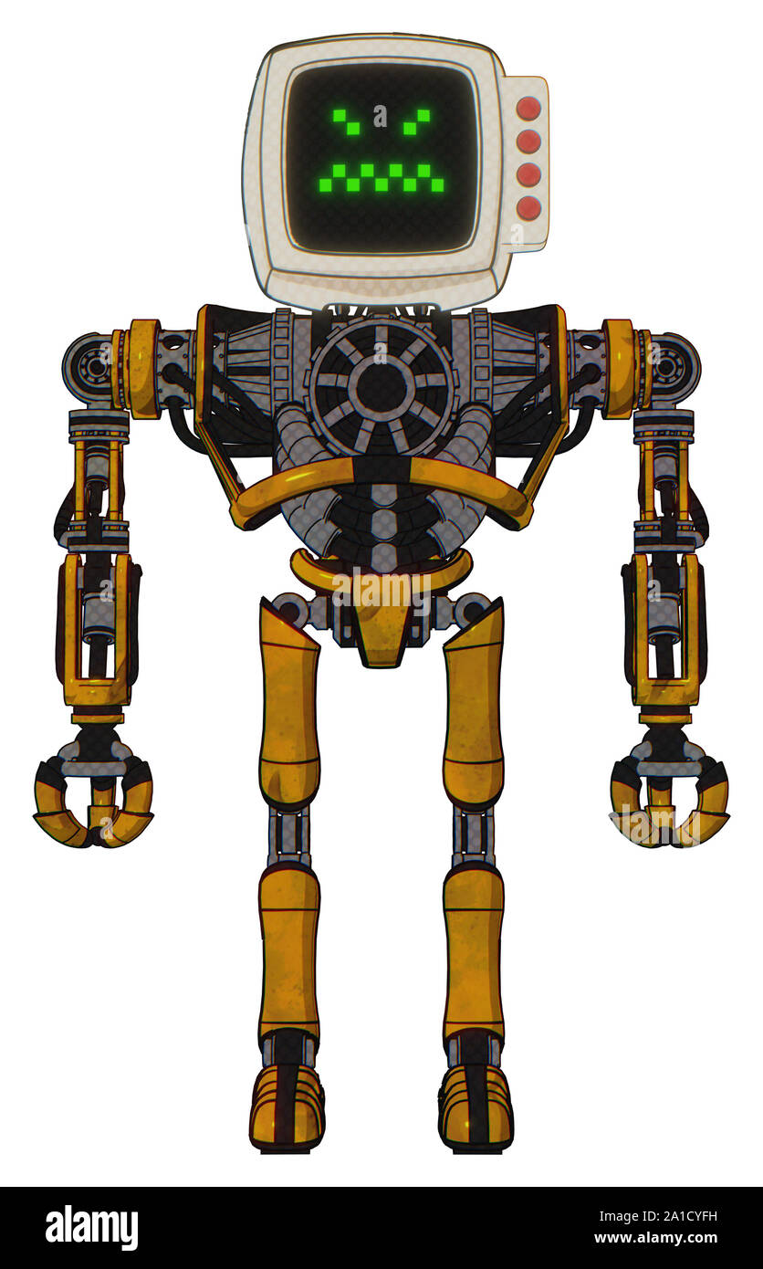 Mech containing elements: old computer monitor, angry pixels face, red ...