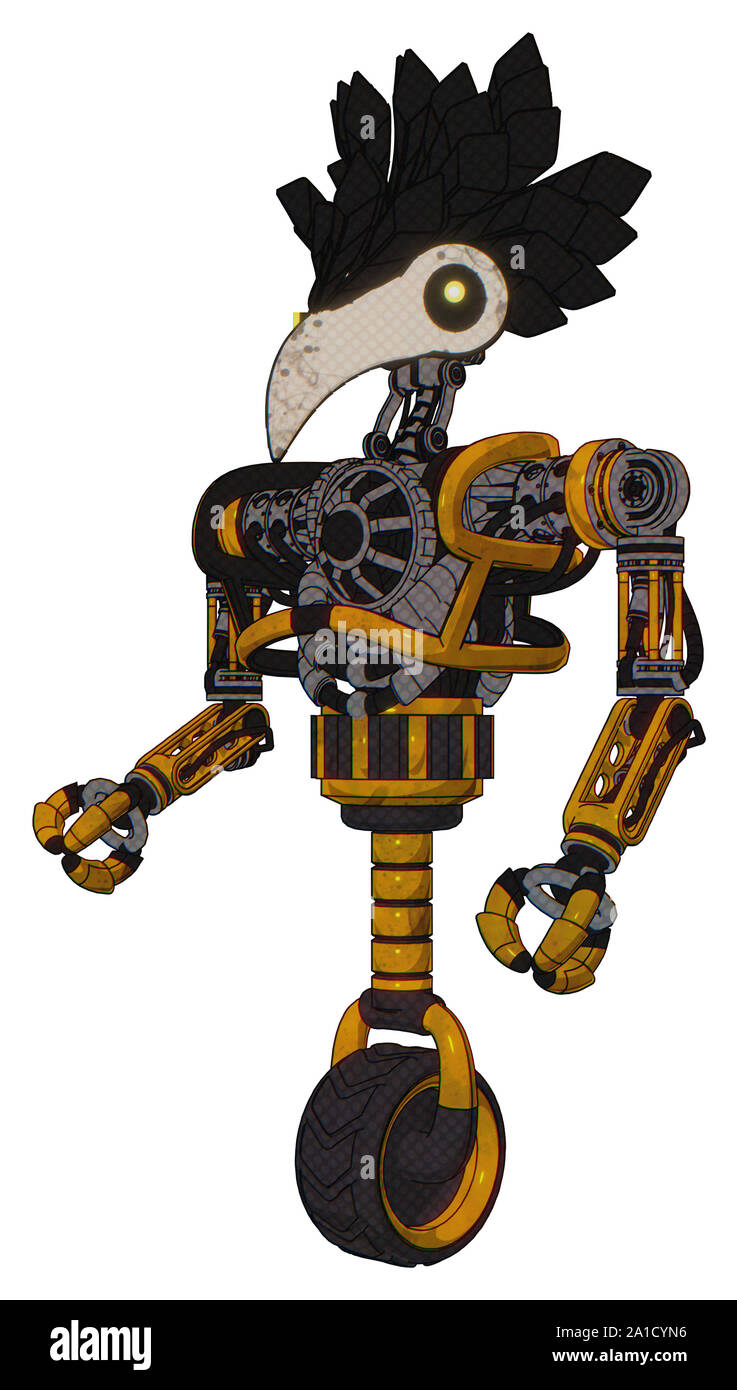 Cyborg containing elements: bird skull head, yellow led protruding eyes ...