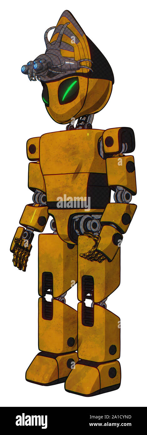 Automaton containing elements: grey alien style head, green demon eyes ...