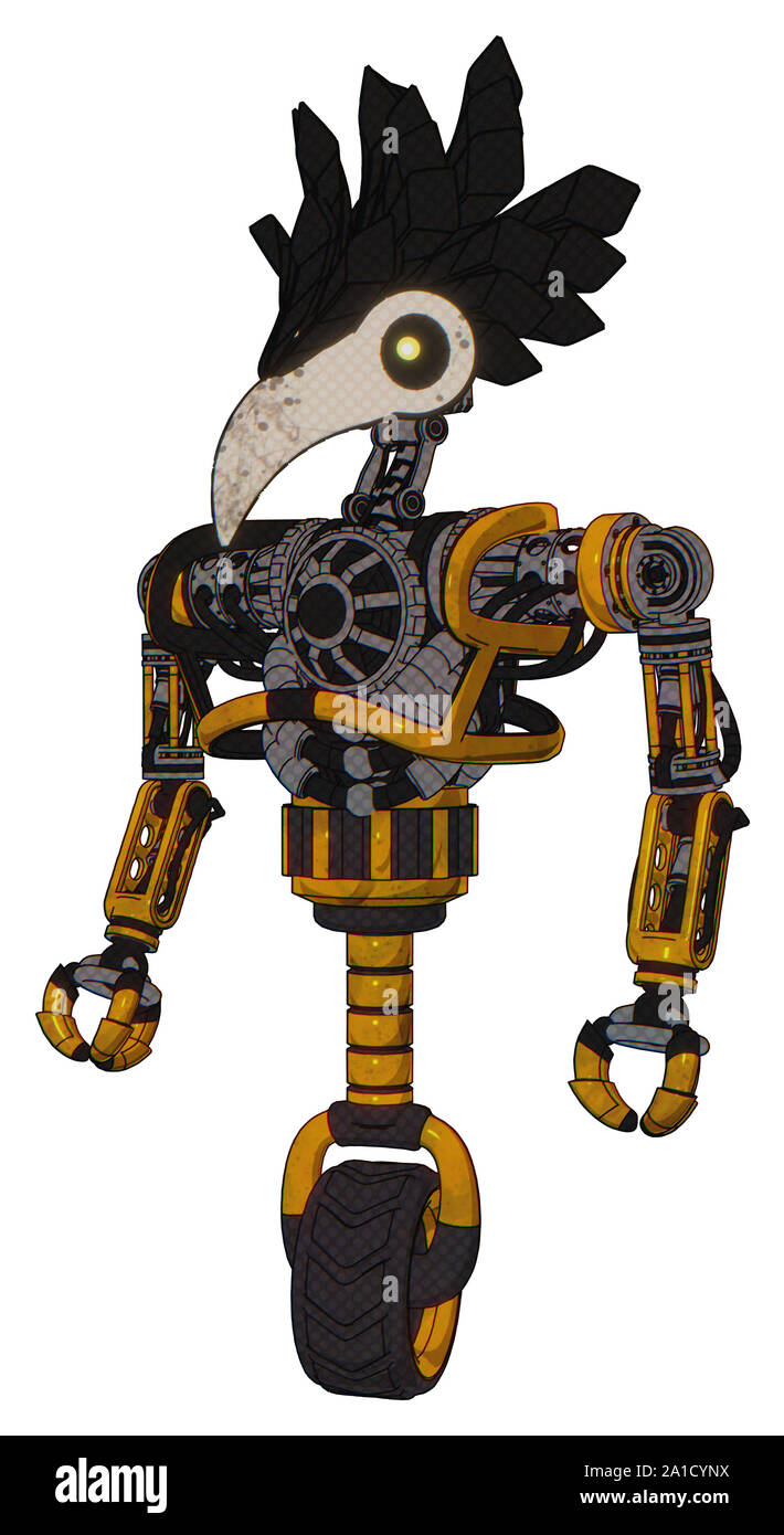 Cyborg containing elements: bird skull head, yellow led protruding eyes ...