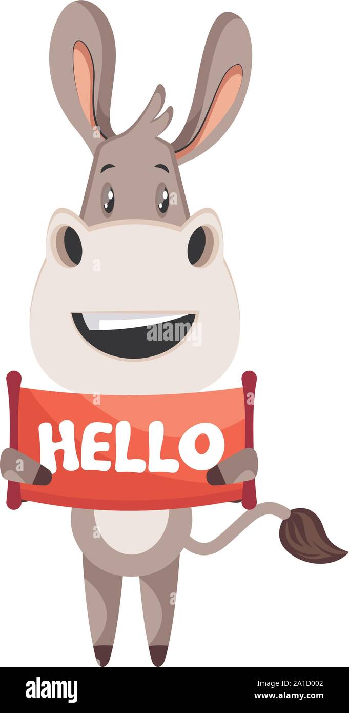 Donkey with hello sign, illustration, vector on white background Stock ...