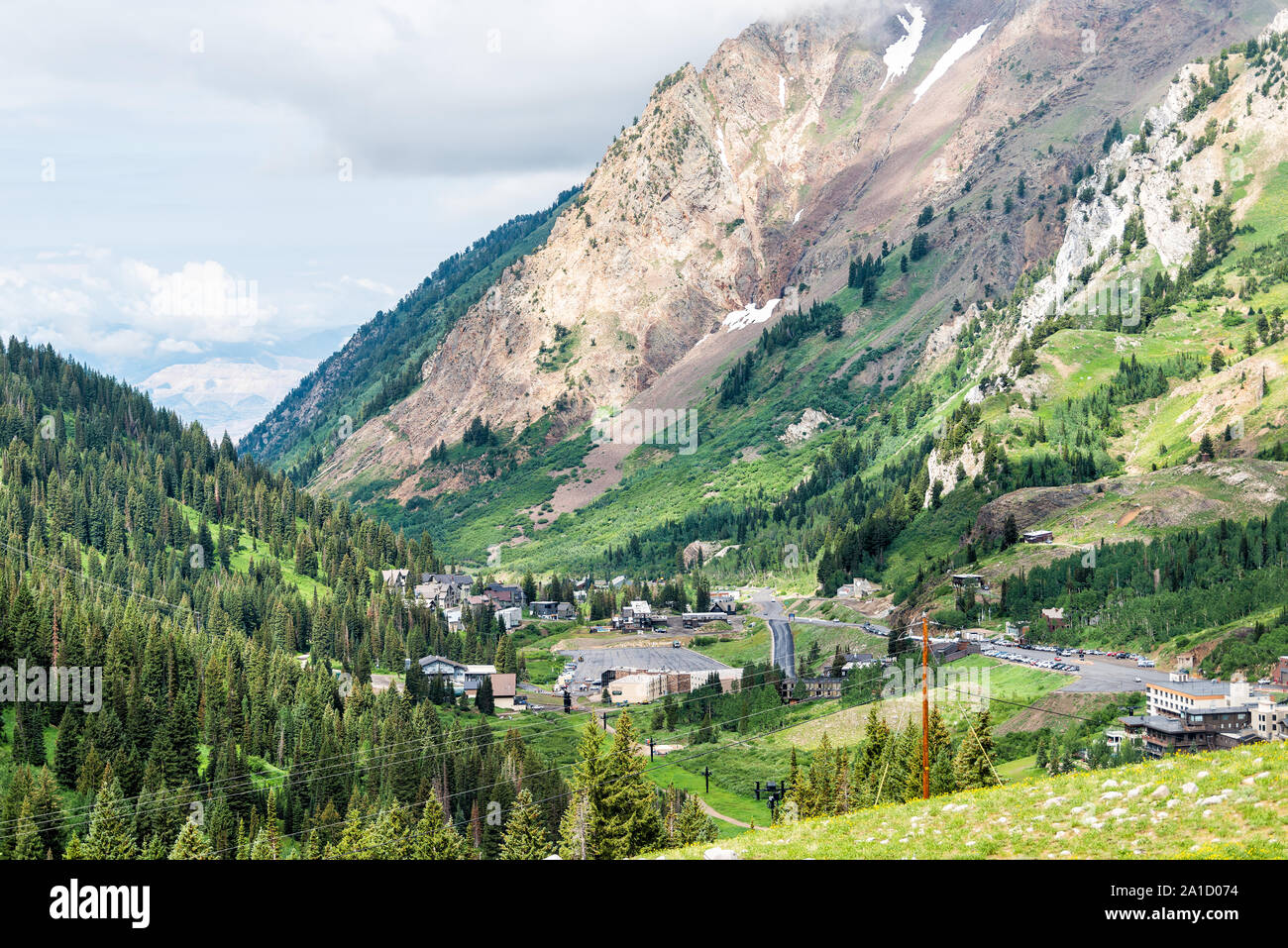 Alta, USA - July 27, 2019: High angle view of small ski resort town ...
