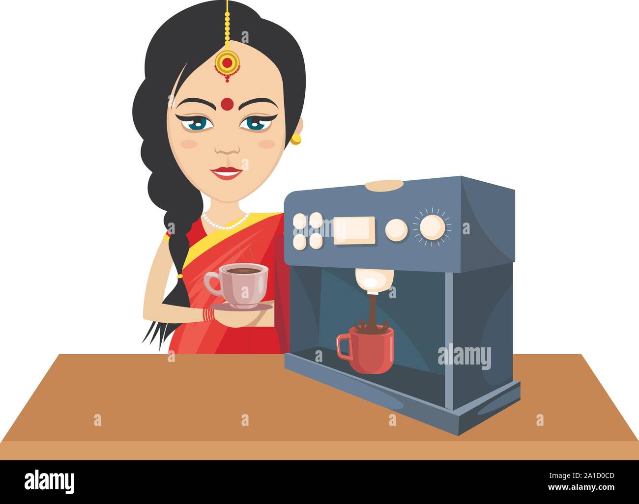 Indian woman making coffee, illustration, vector on white background ...