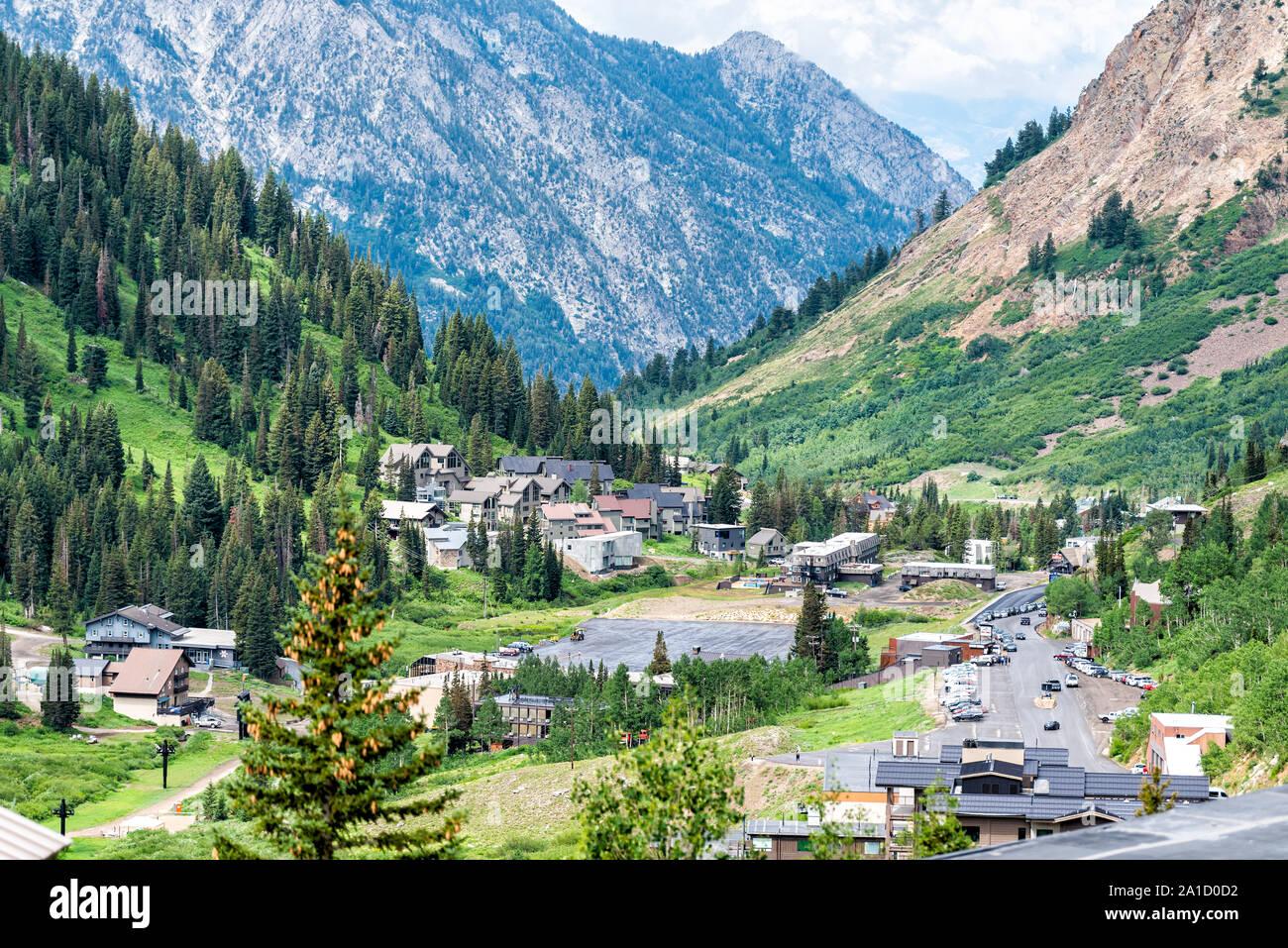 Alta, USA - July 27, 2019: High angle aerial view of small ski resort ...