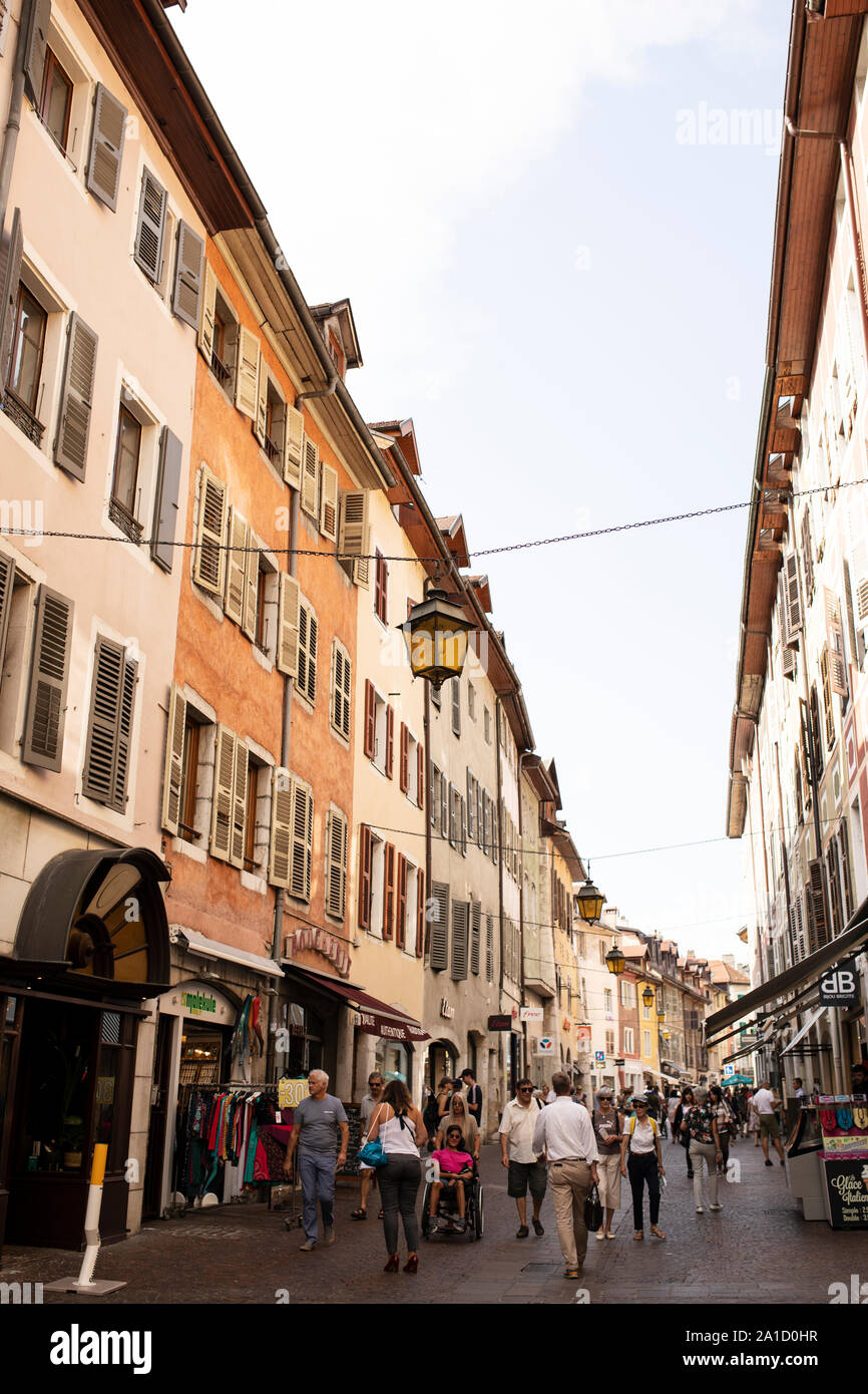 Rue Carnot is known for its restaurants and shops in Annecy, France ...