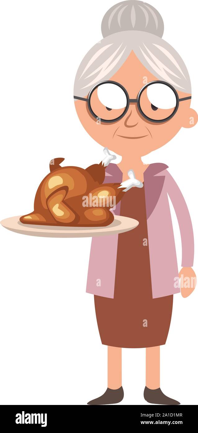Granny with roast chicken, illustration, vector on white background ...