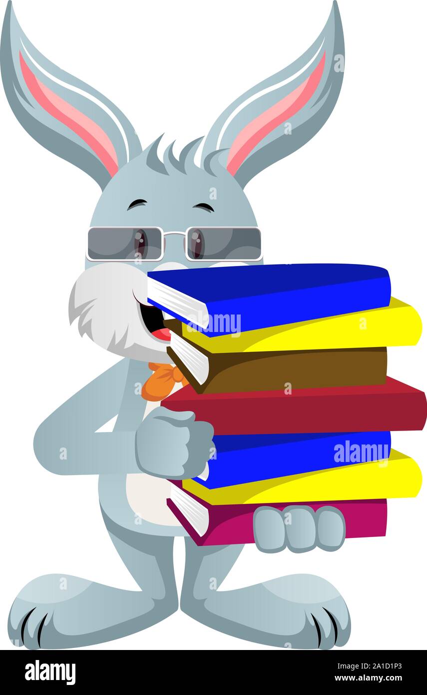 Bunny holding books, illustration, vector on white background Stock ...