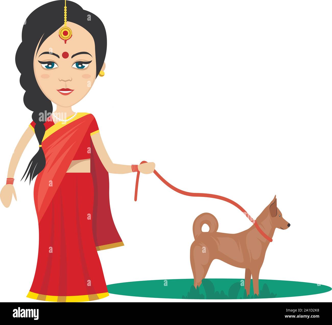 Indian woman walking dog , illustration, vector on white background ...