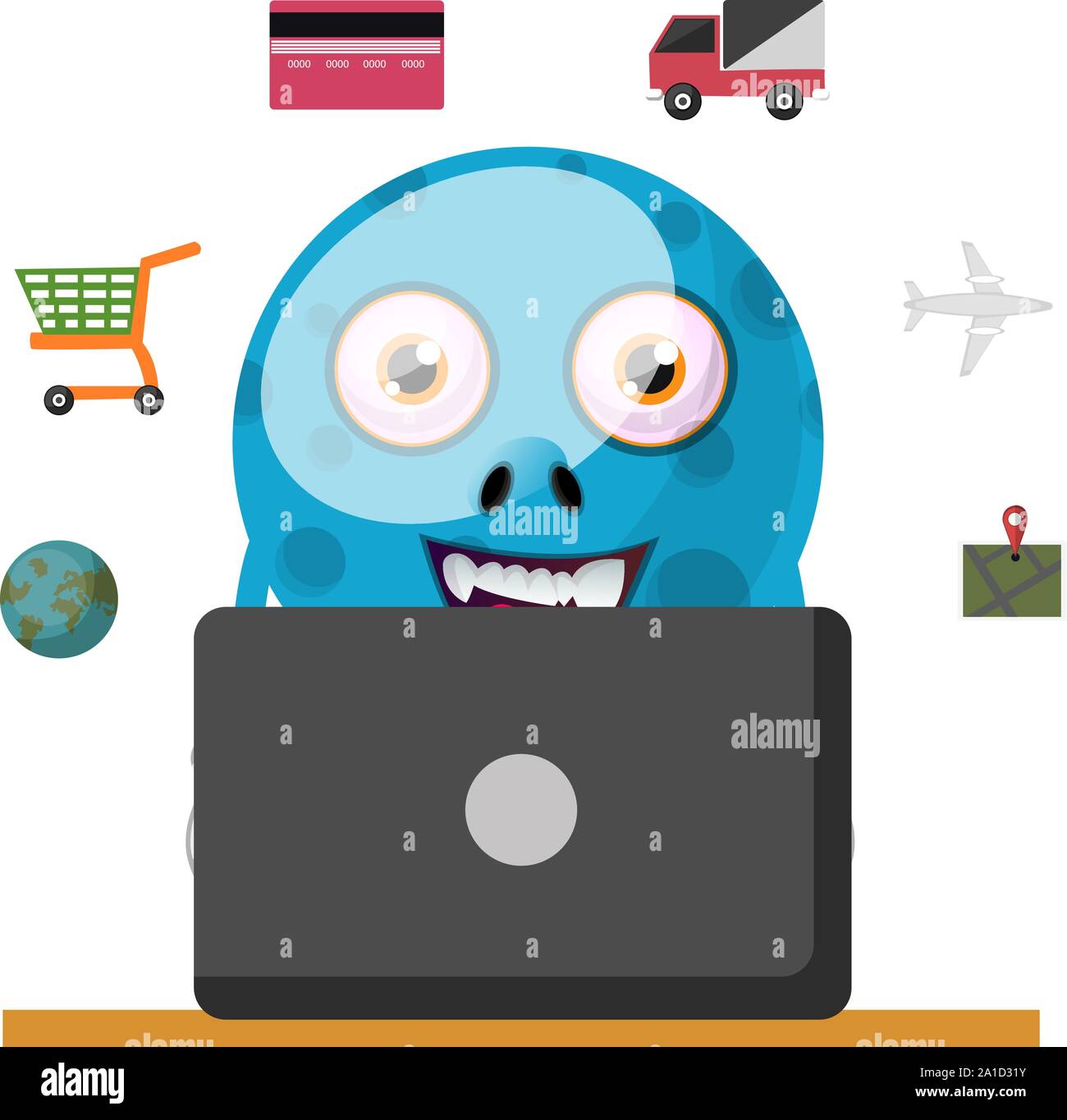 Blue monster working on laptop, illustration, vector on white ...