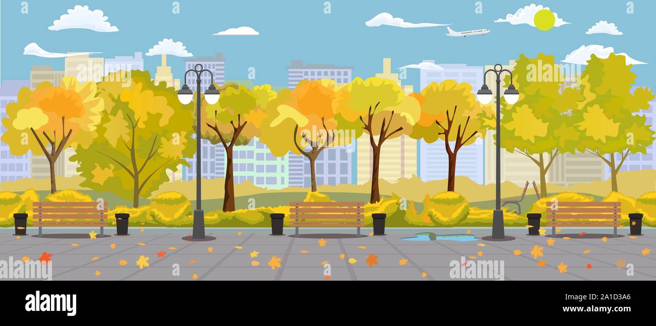 Cartoon autumn park panorama with walkway bench and bins. Fall street ...
