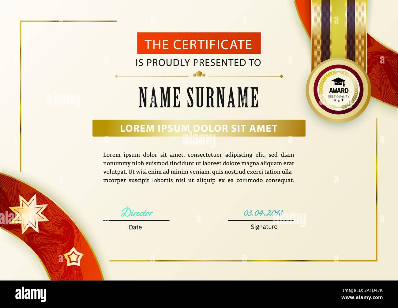 Official certificate with red gold design elements. Vintage modern ...