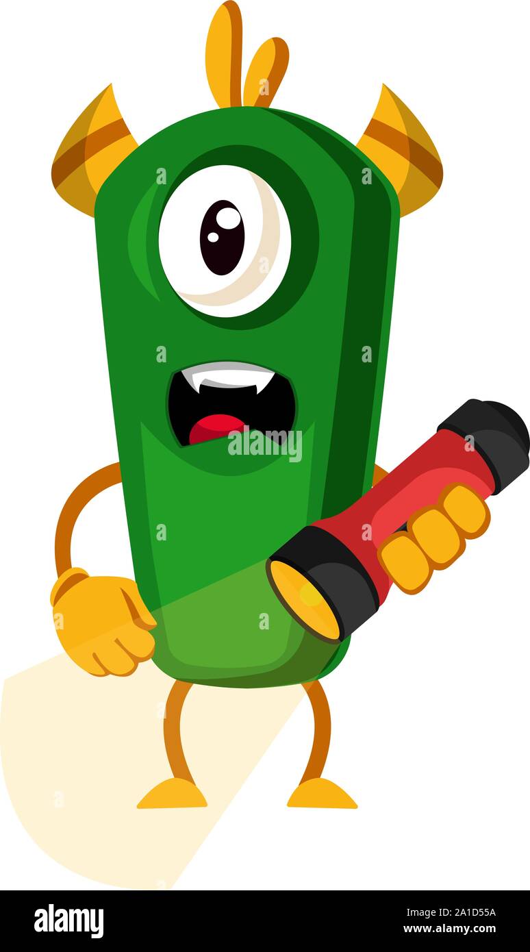Monster with flashlight, illustration, vector on white background Stock ...