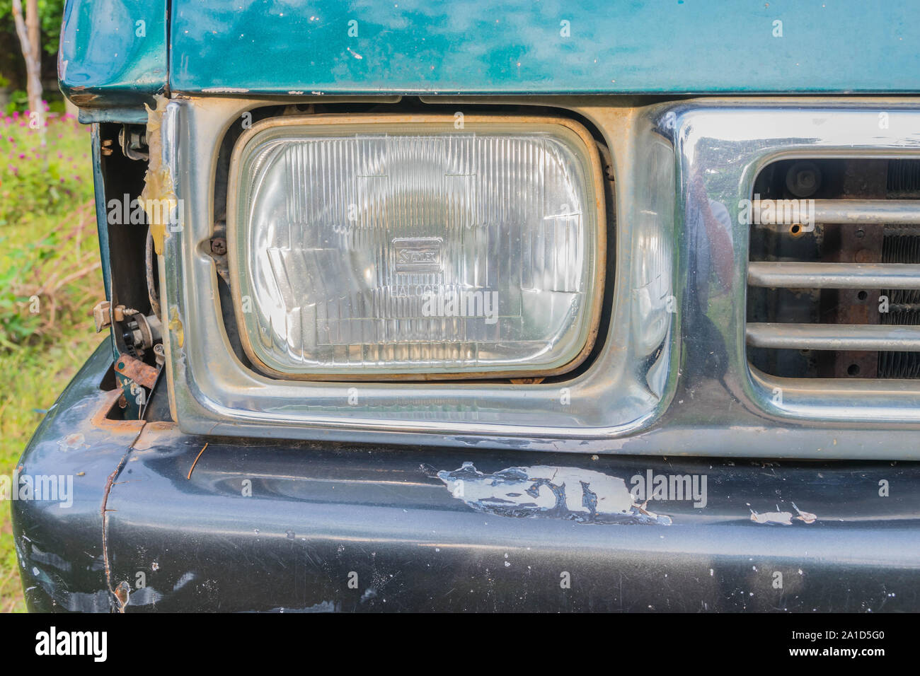 The old car, damage, the rust, broken of body and car light, vintage ...