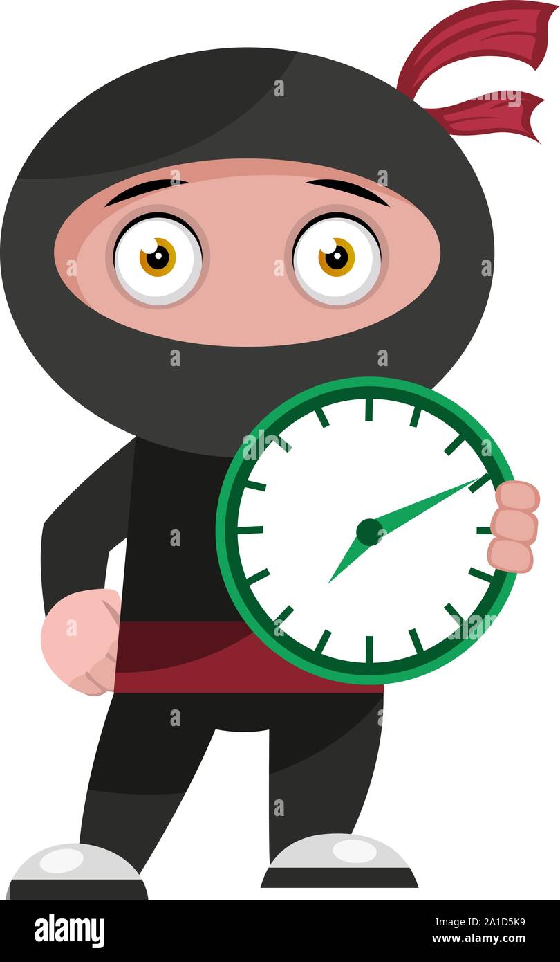 Ninja with green clock, illustration, vector on white background Stock ...