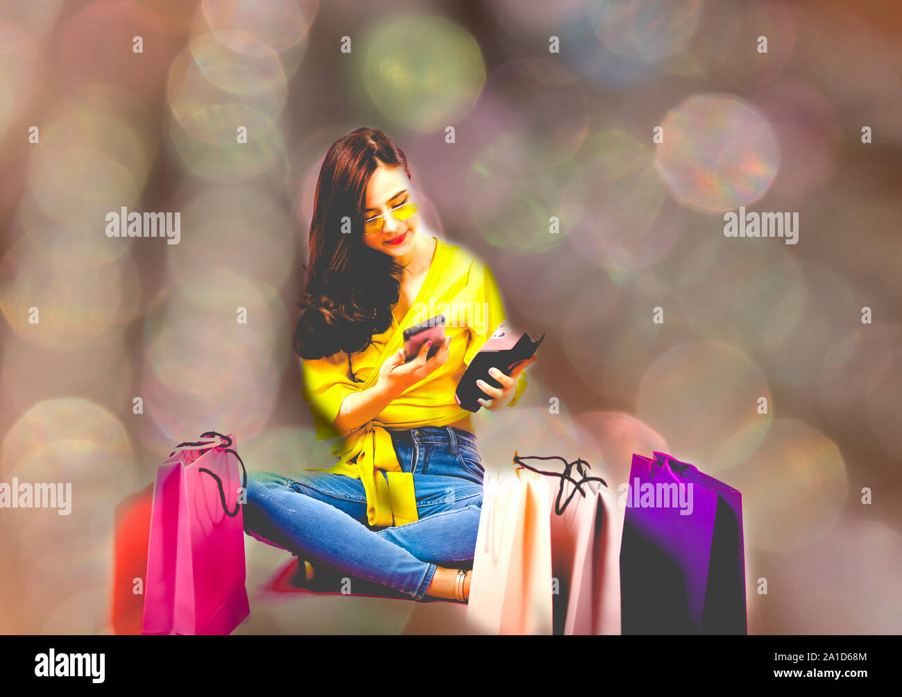 woman with smartphone & credit card swiping machine. shopping lifestyle ...