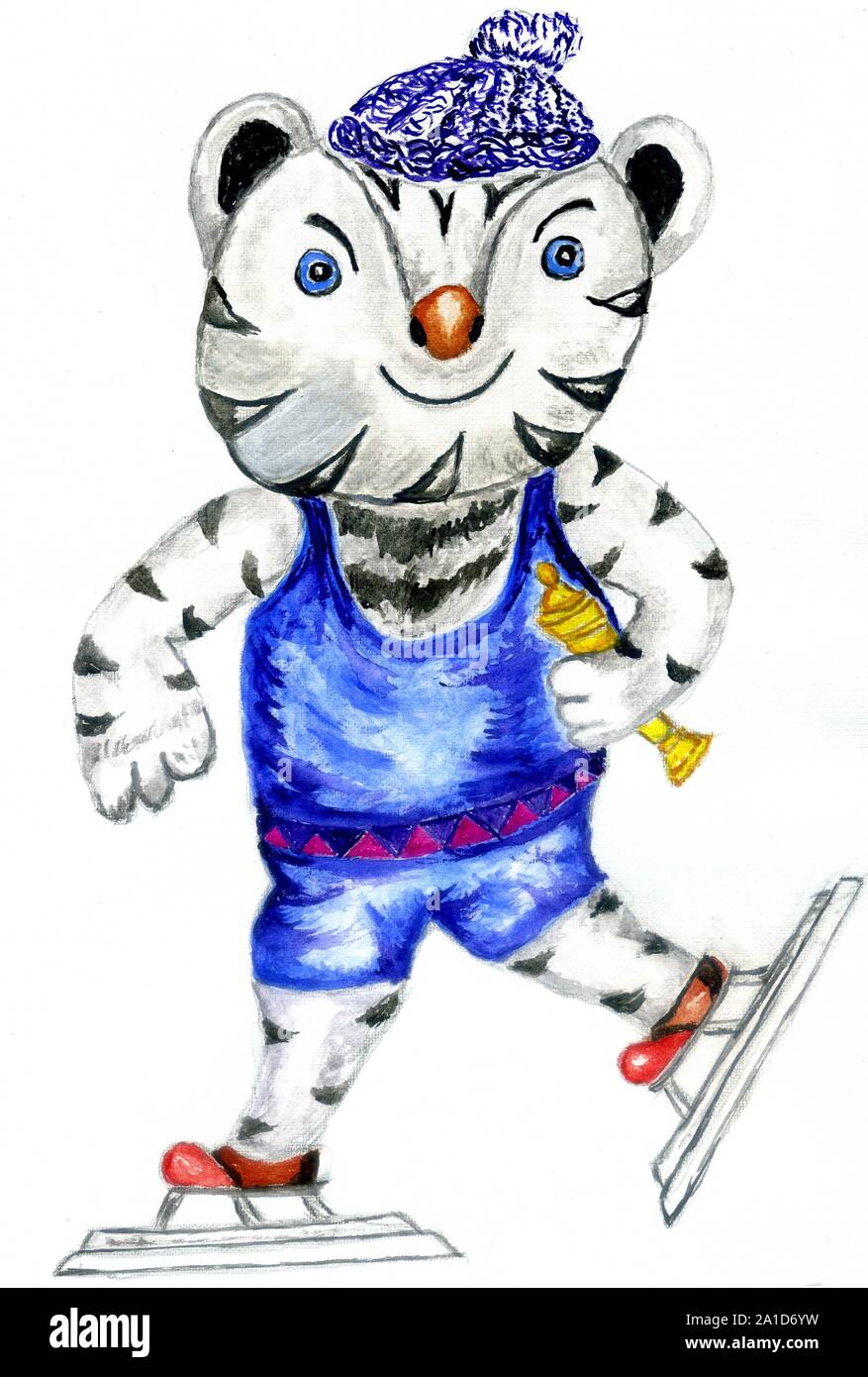 Happy cartoon brave white tiger going in for winter sports, watercolor ...