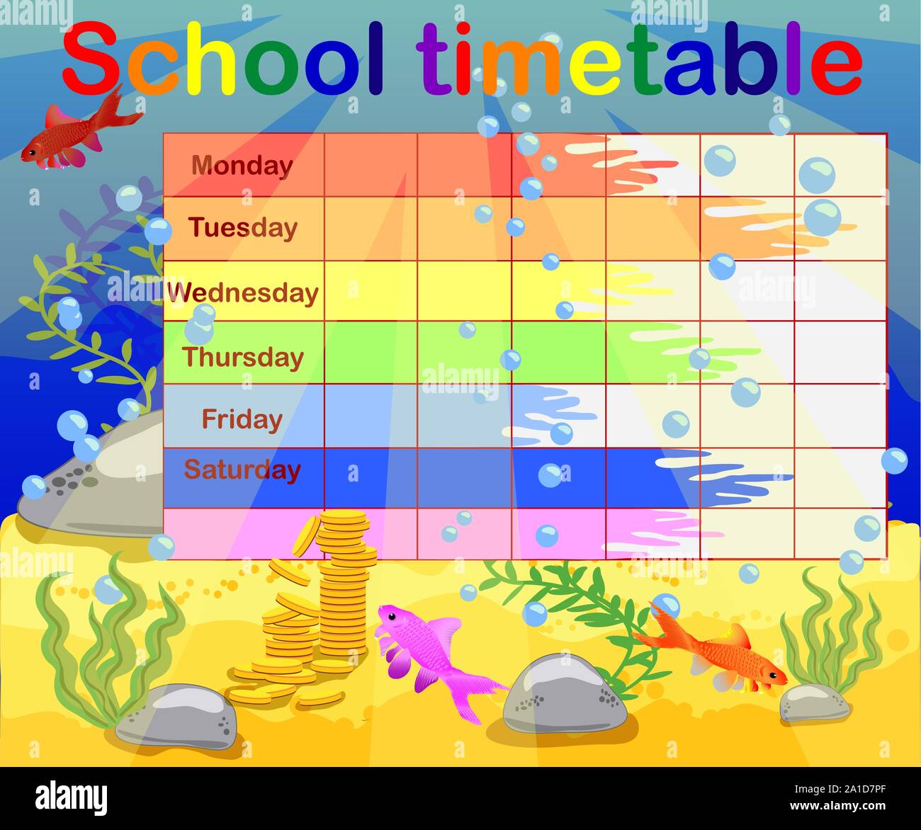 Design of the school timetable for kids. Bright underwater background ...