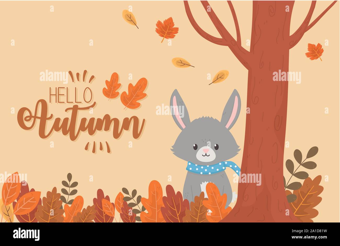 tree leaves falling cute rabbit hello autumn season Stock Vector Image ...