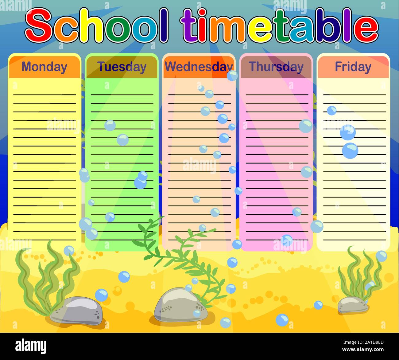 Design of the school timetable for kids. Bright underwater background ...