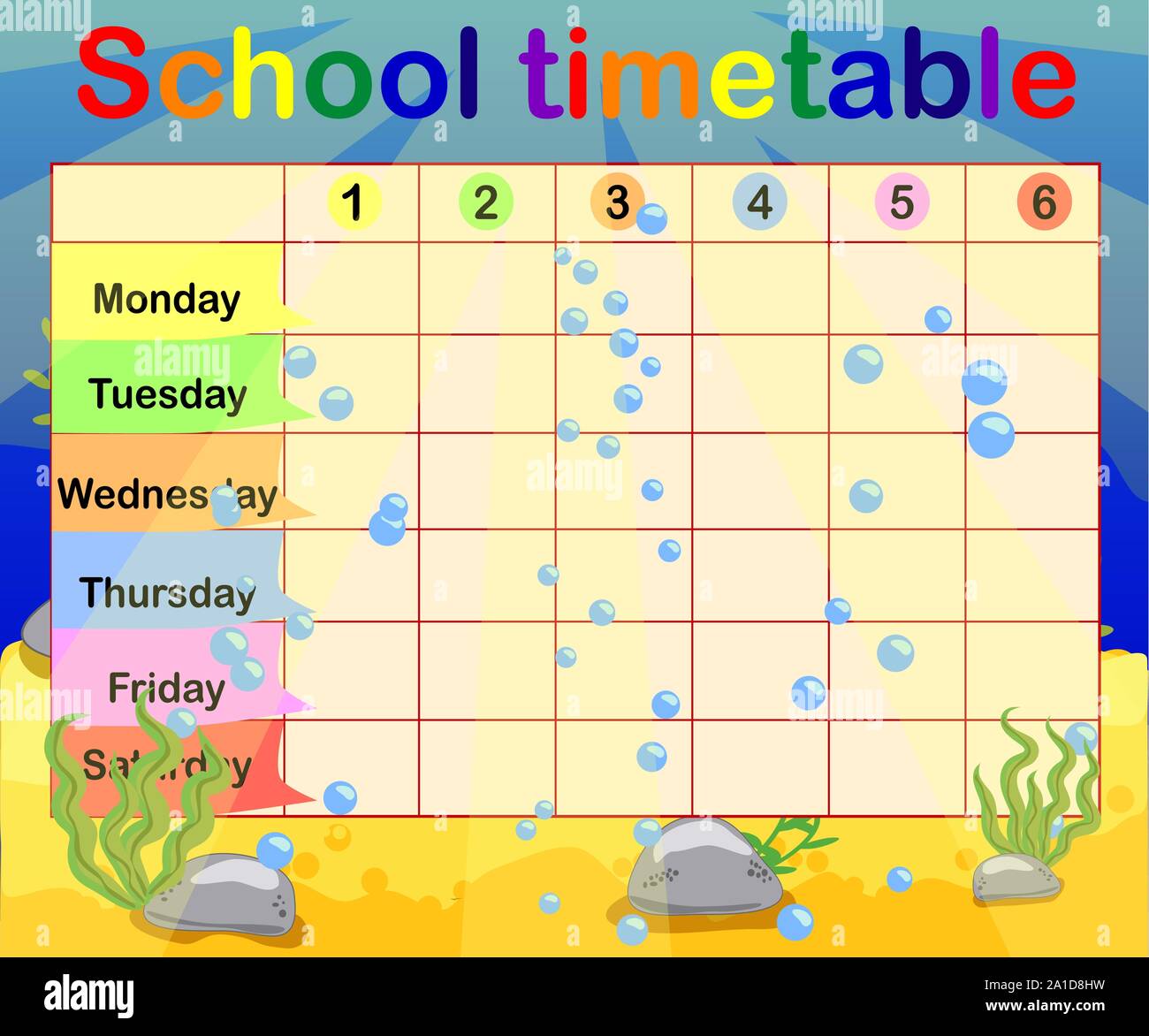 Design of the school timetable for kids. Bright underwater background ...
