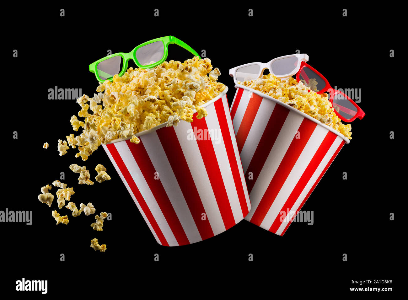 Set of buckets with popcorn and 3D glasses isolated on black background Stock Photo - Alamy