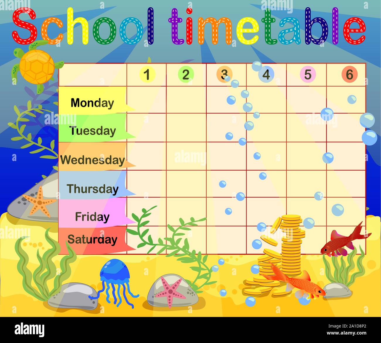 School timetable with marine themes, table, underwater world Stock ...