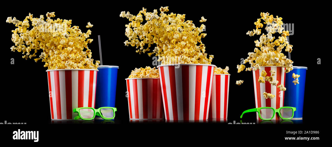 Set of striped buckets with popcorn, cups of drink and glasses isolated ...