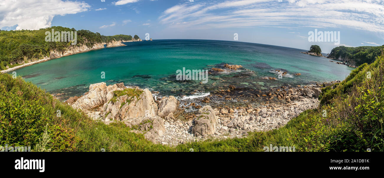 Panorama with round horizon of the sea landscape on the shore of the ...