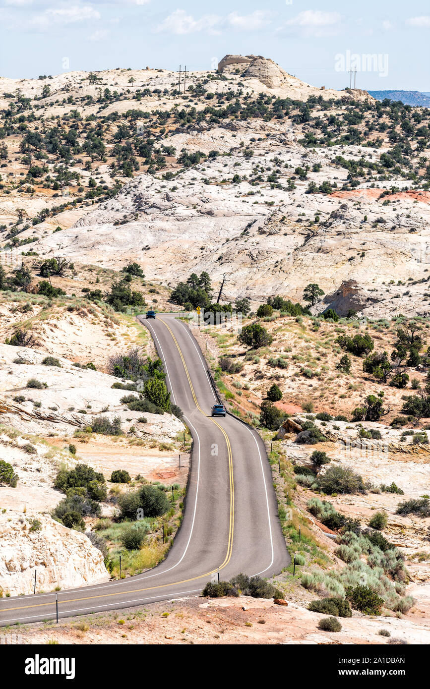 Vertical view of highway 12 scenic byway with car on winding road in ...