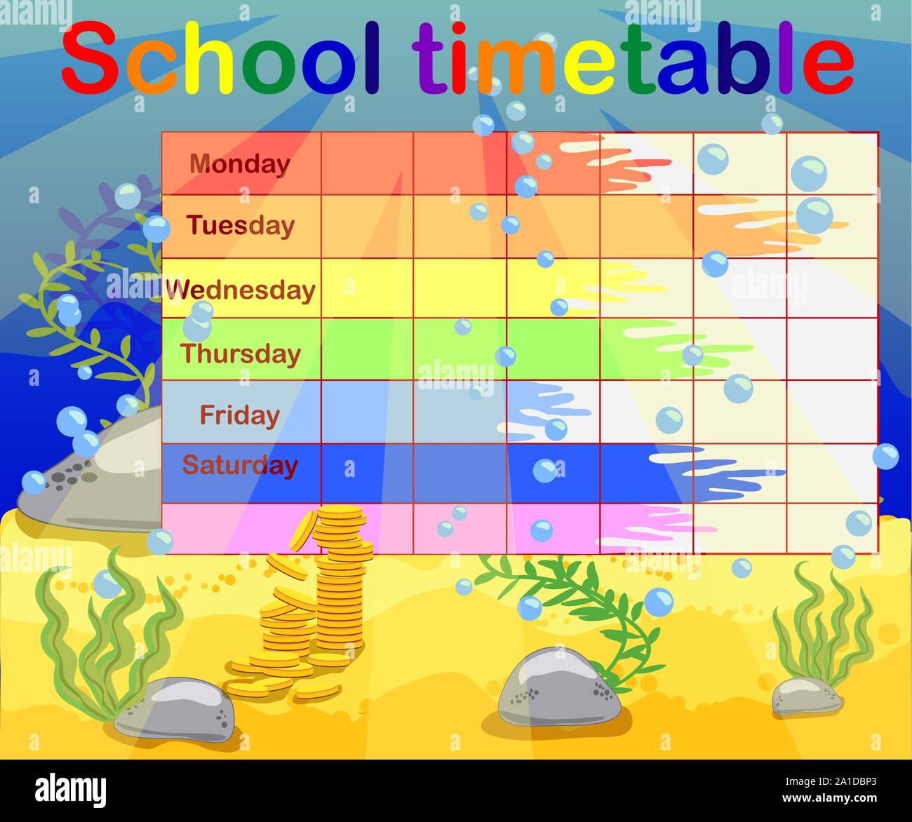 Design of the school timetable for kids. Bright underwater background ...