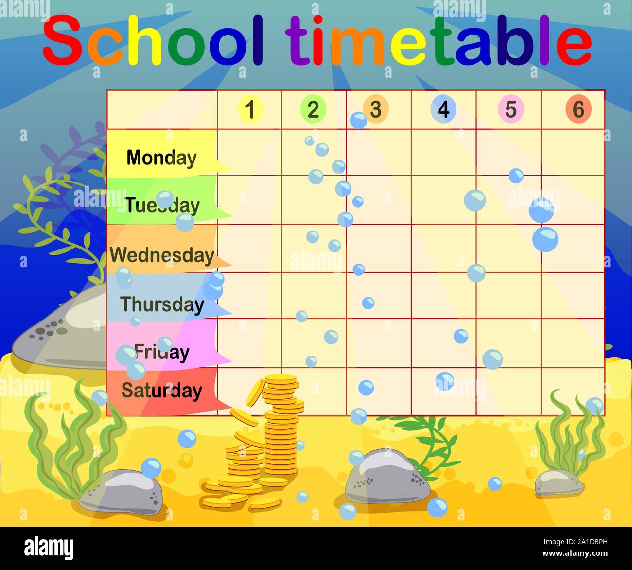 School timetable with marine themes, table, underwater world Stock ...