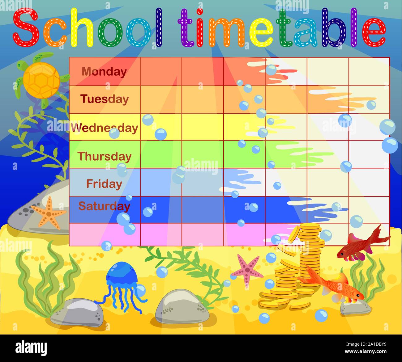 Design of the school timetable for kids. Bright underwater background ...