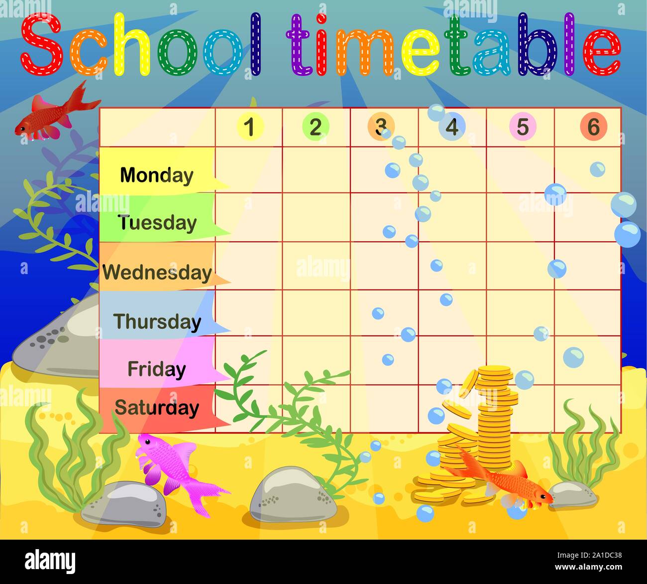 School timetable with marine themes, table, underwater world Stock ...