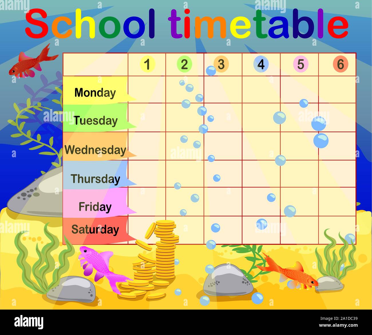School timetable with marine themes, table, underwater world Stock ...