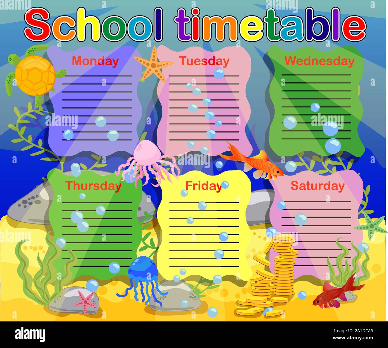 School timetable with marine themes, table, underwater world Stock ...
