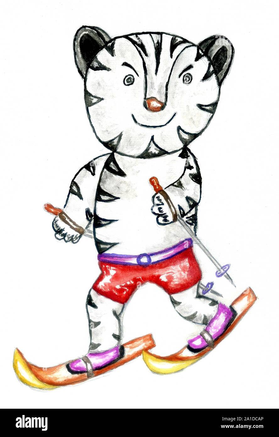 Happy cartoon brave white tiger going in for winter sports, watercolor ...