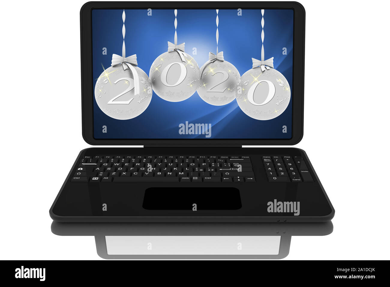 3D illustration. Christmas decoration on computer screen announces the ...