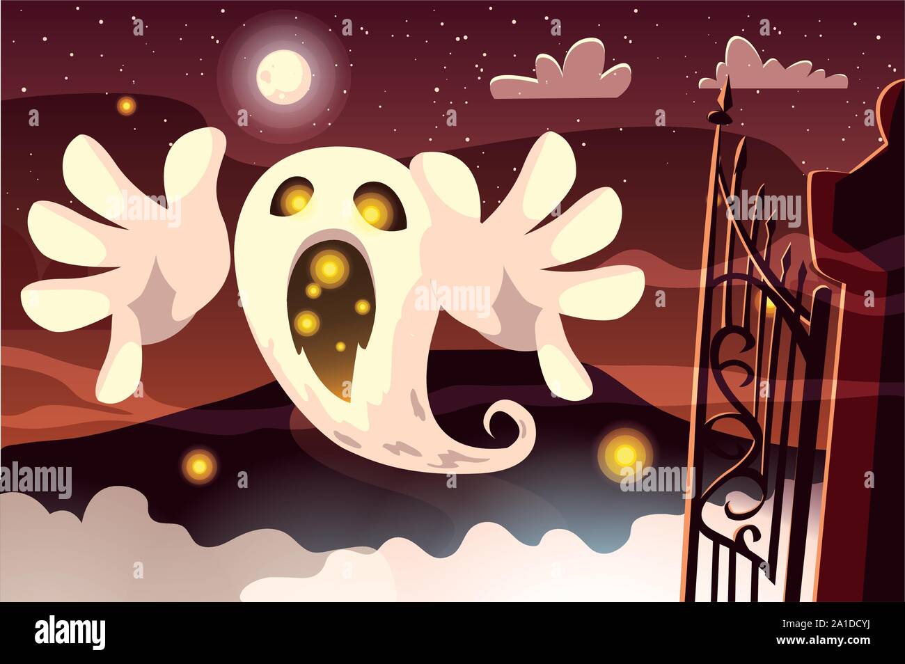 ghost with moon in scene of halloween vector illustration design Stock ...