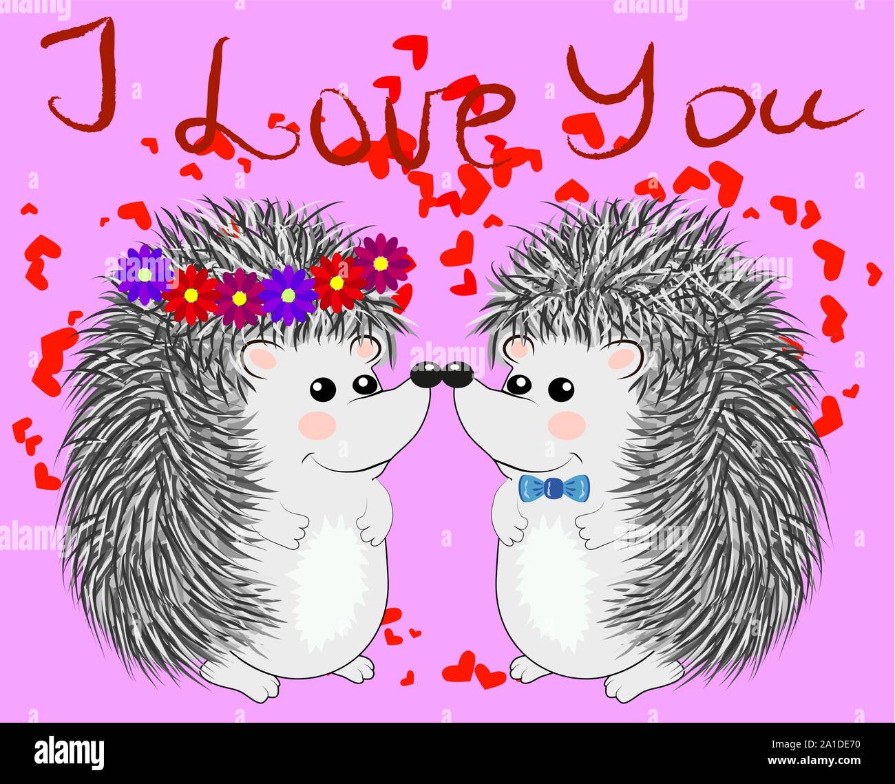 Invitation card with cute cartoon Hedgehogs in love with Heart and ...
