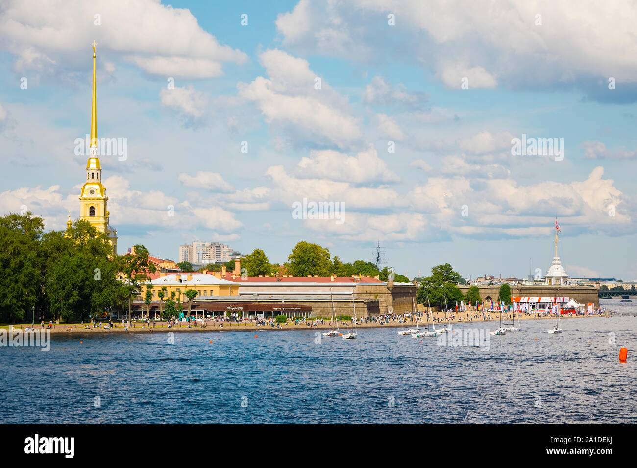St. Petersburg, Russia - July 7, 2019: View on Hare island, Saints Peter and Paul Cathedral and ...