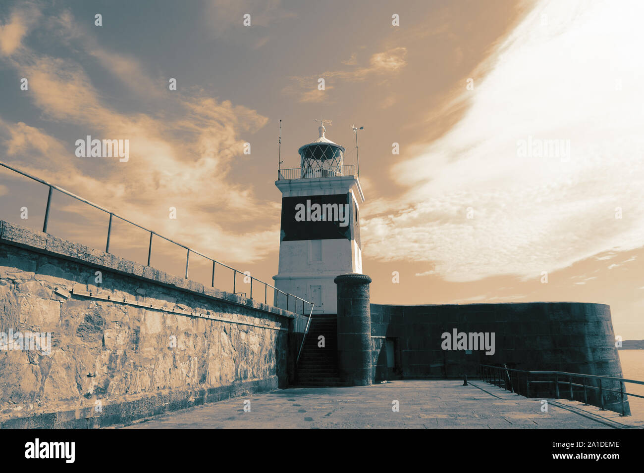 Holyhead Breakwater Lighthouse, on Anglesey in Wales, at the end of a ...
