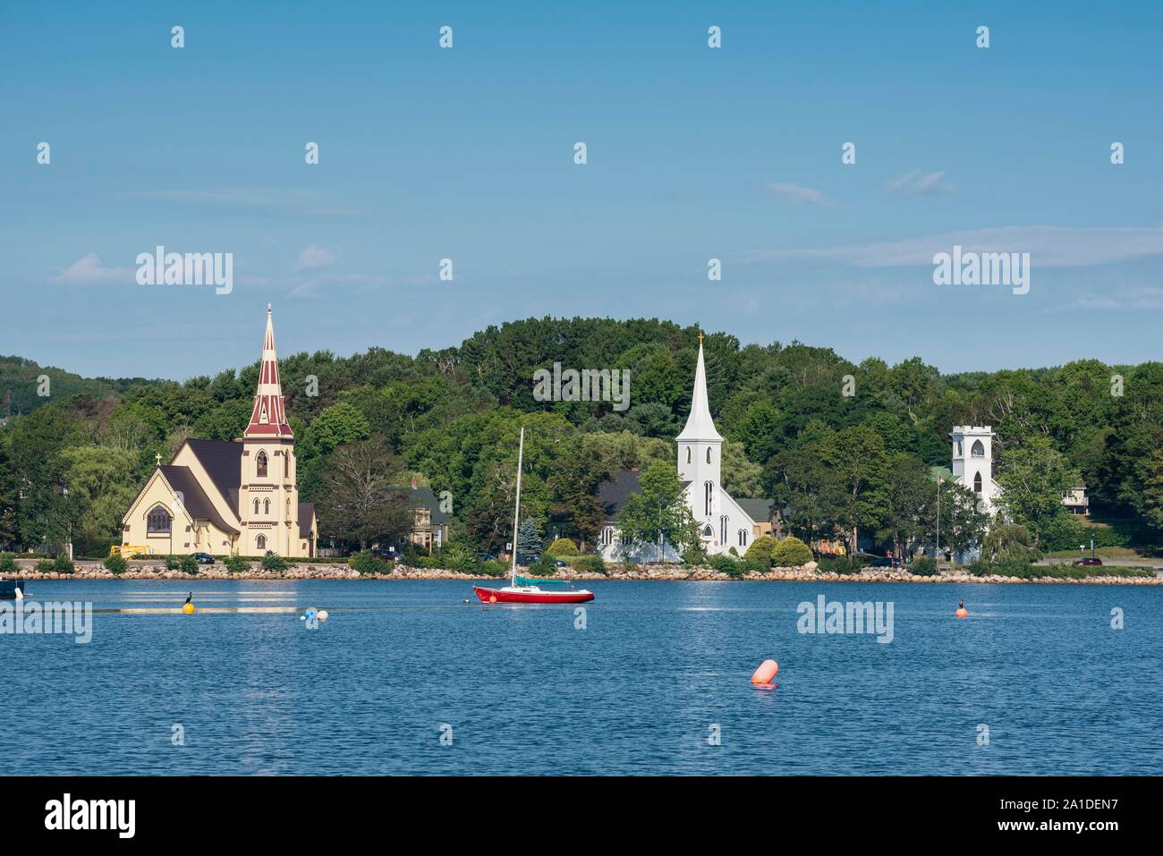 View over the bay Mahone Bay with three churches, United Churches ...