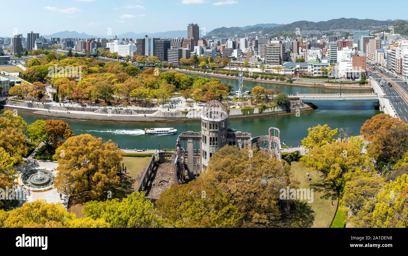 Panoramic view from Hiroshima Orizuru Tower over the city with atomic ...